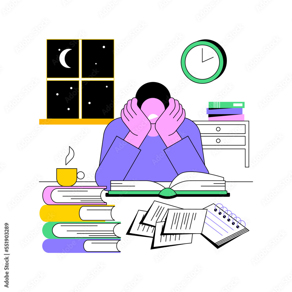 Study late at night isolated cartoon vector illustrations. Tired boy ...