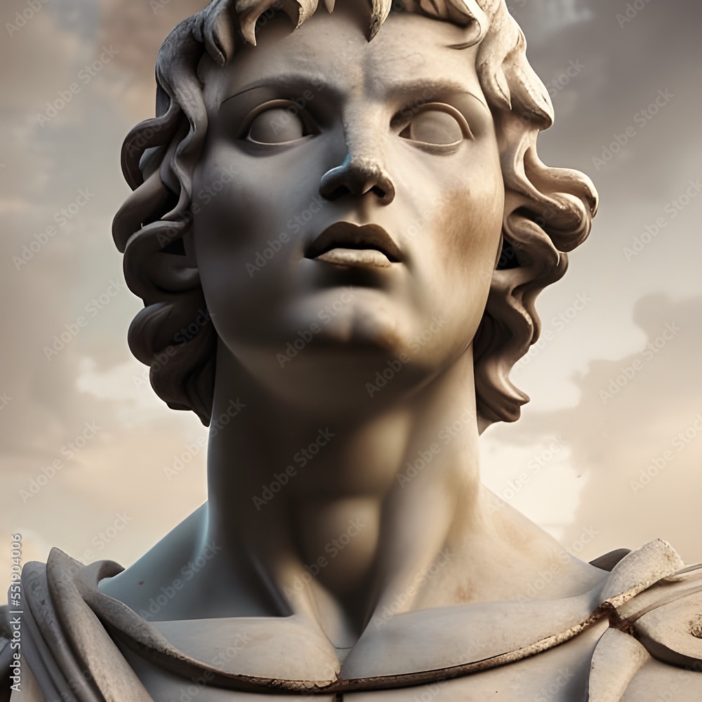 3D illustration featuring a white marble statue bust of a handsome ...