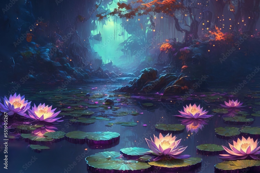 glowing lotus flowers in lotus pond. digital art style, illustration ...