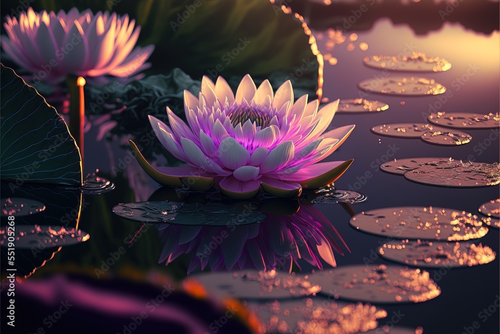 lotus flowers in lotus pond with sunrise. digital art style ...