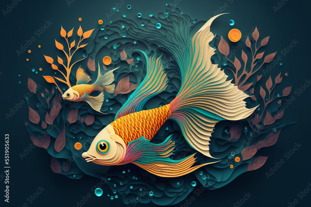 paper craft style illustration beautiful swimming guppy fish with full ...