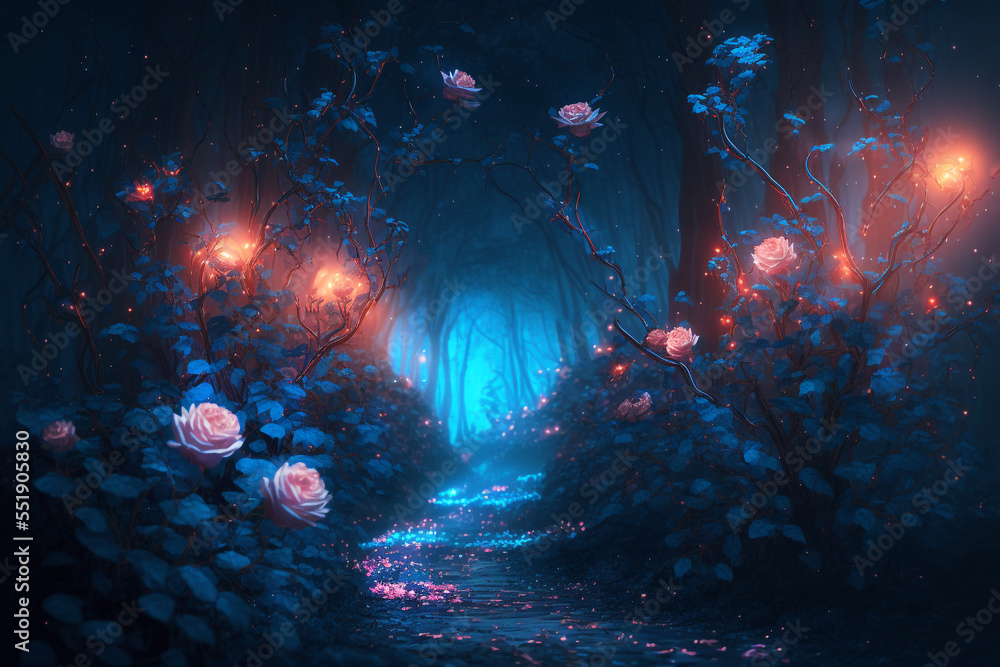 beautiful rose garden with glowing blue light at night time Stock ...