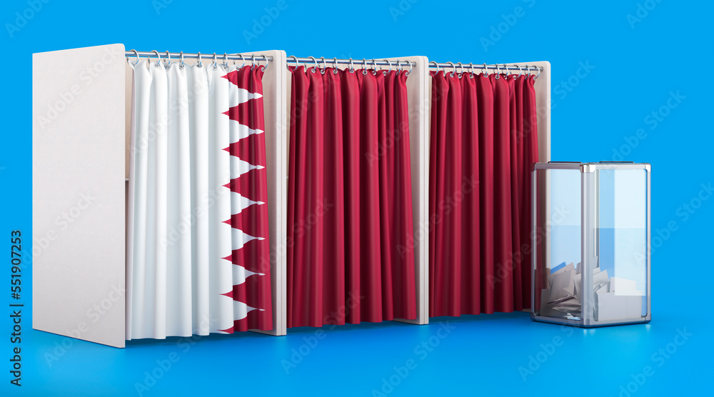 Voting booths with Qatari flag and ballot box. Election in Qatar ...