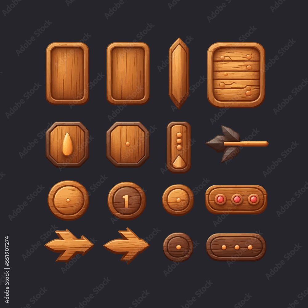 Wooden game buttons, cartoon menu interface made of wood textured ...