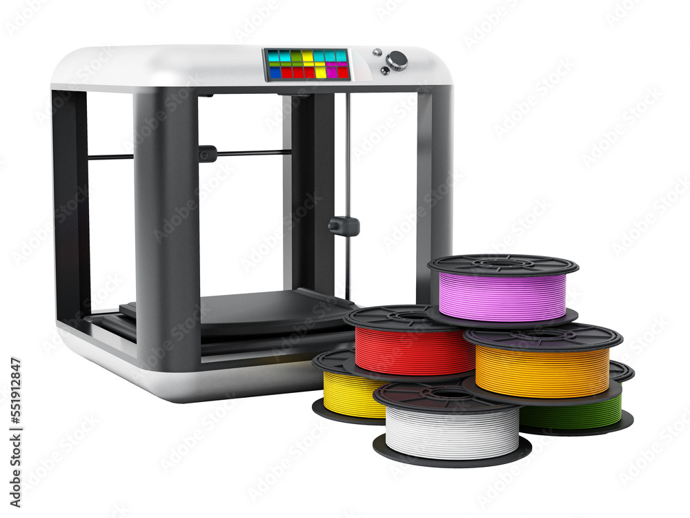 3D printer and spare filaments on transparent background. Stock ...