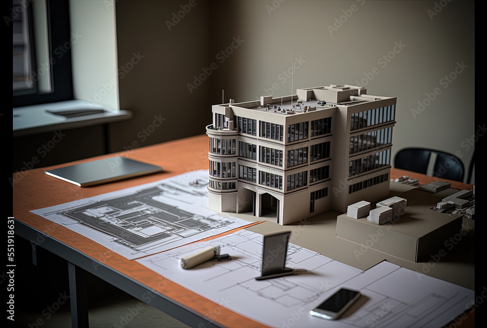 A tabletop building model and construction plan are shown in an empty ...