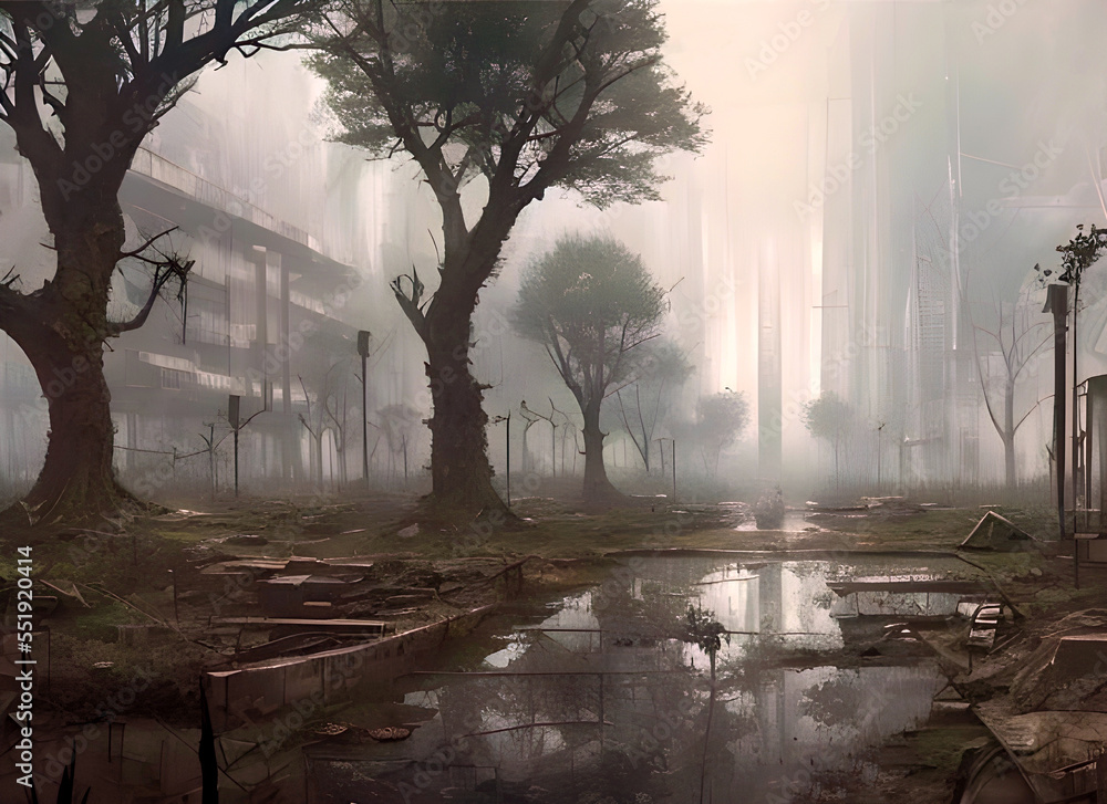Abandoned futuristic city flooded and overgrown with tree, apocalyptic fantasy concept art ...