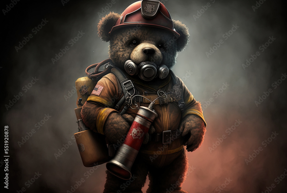 The fire department's mascot is a teddy bear with a gas mask, a fire ...