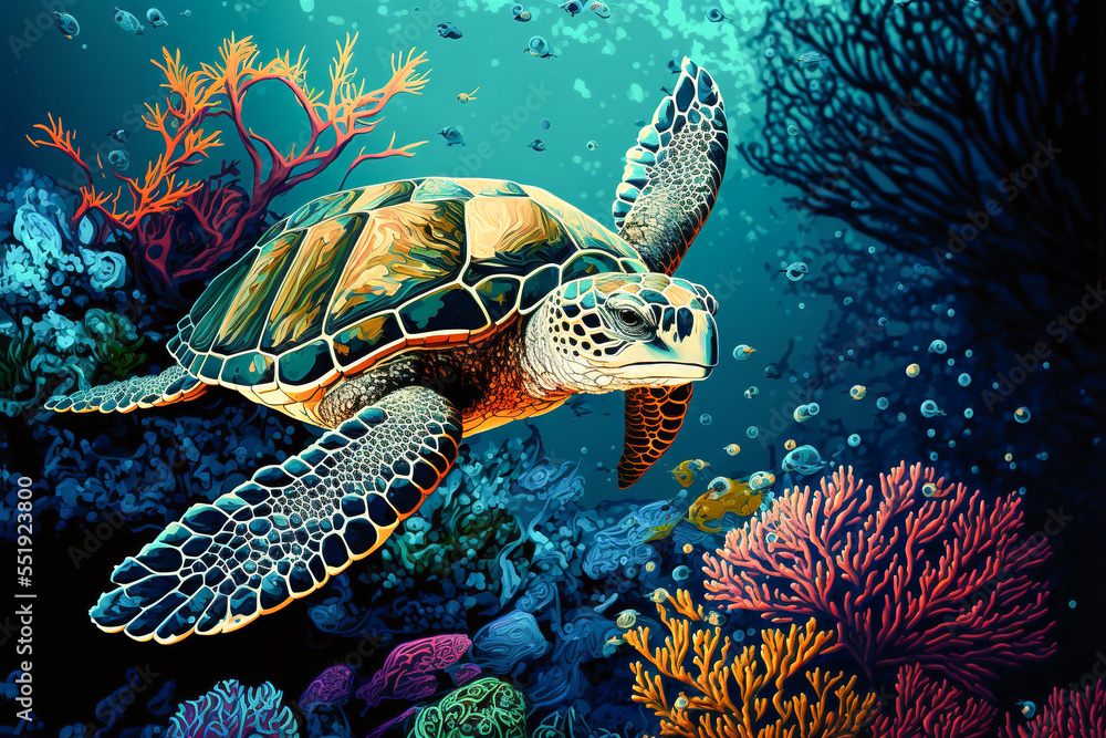 Colorful illustration of a sea turtle swimming over coral reefs ...