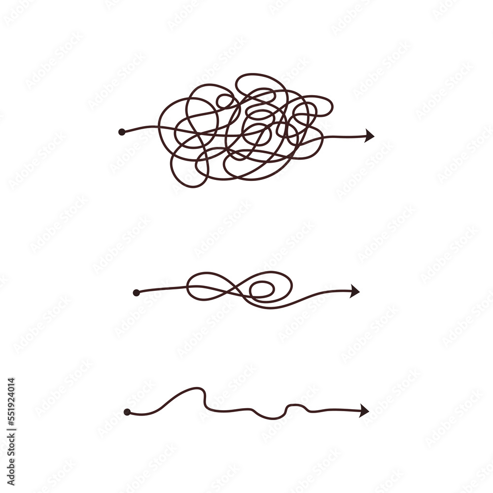 Simple line and complex easy way. Scribble doodle chaos mindset. Problem solving, difficult line ...