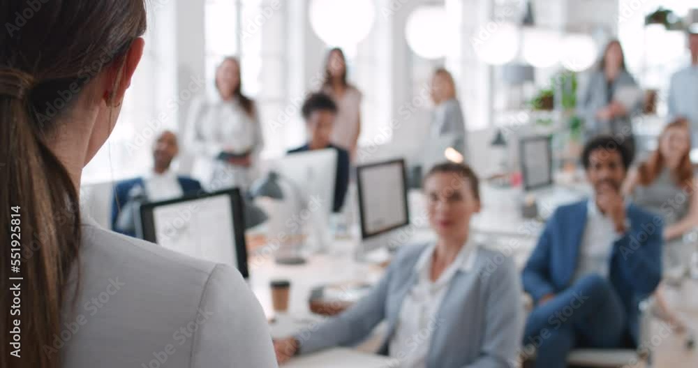 Presentation, question or woman speaker hand in conference, work ...