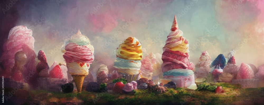 Fantasy colorful sweet magical landscape of ice cream. AI generated art ...