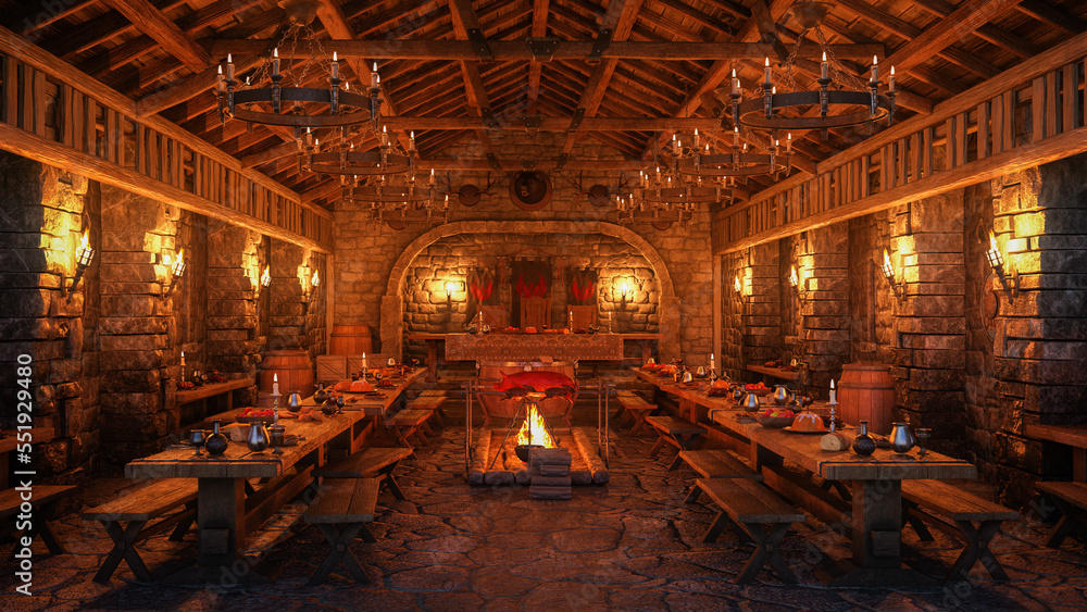 Poster Ancient medieval dining hall with meat roasting over an open ...