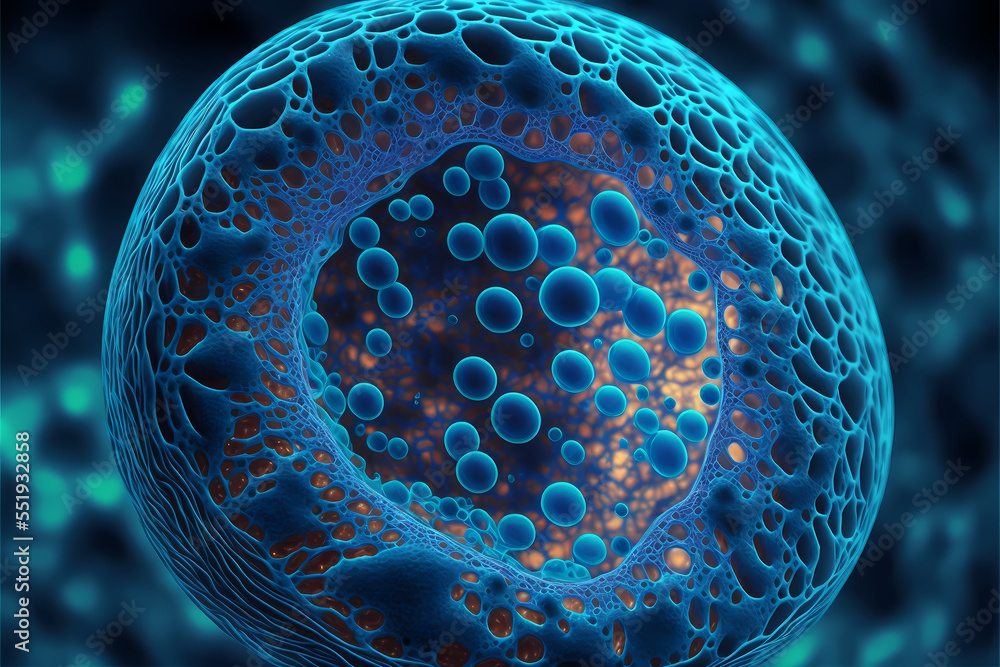 Blue Cells under microscope. Microbiology concept, biology background ...