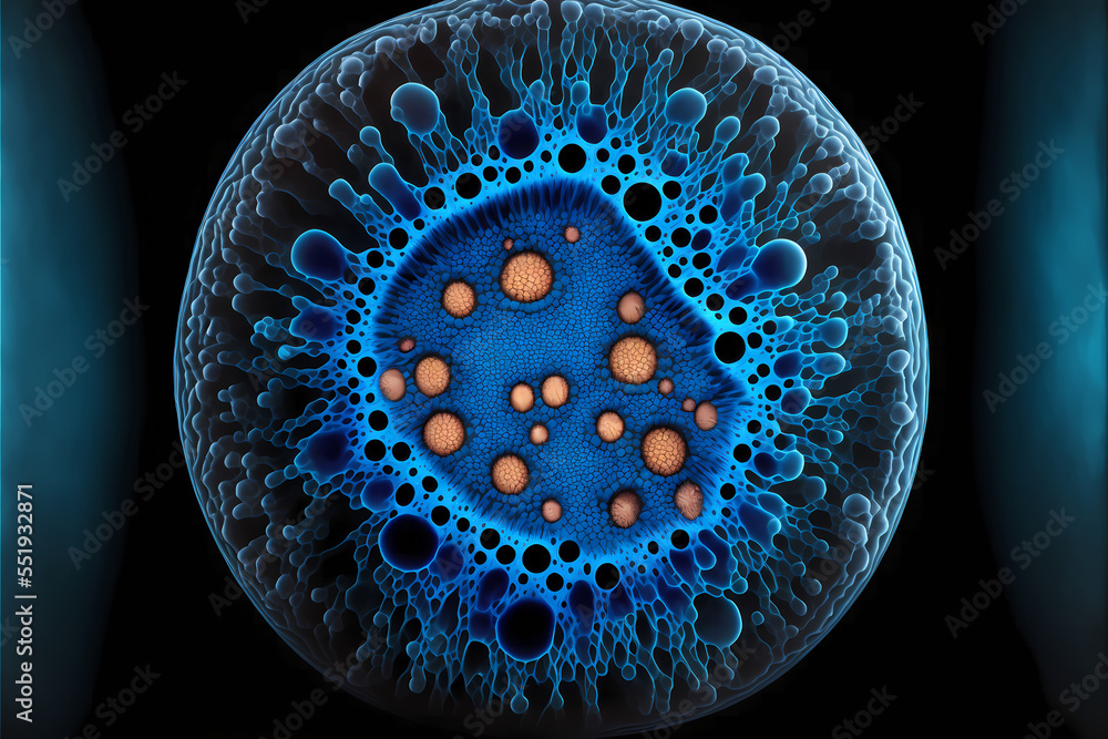 Blue Cells under microscope. Microbiology concept, biology background ...