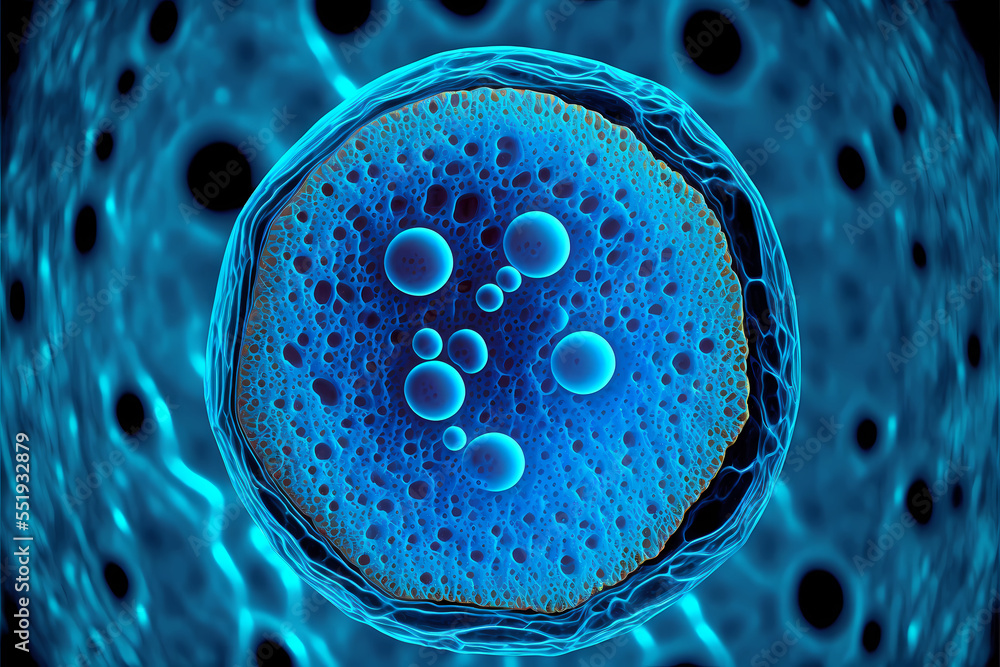 Blue Cells under microscope. Microbiology concept, biology background ...