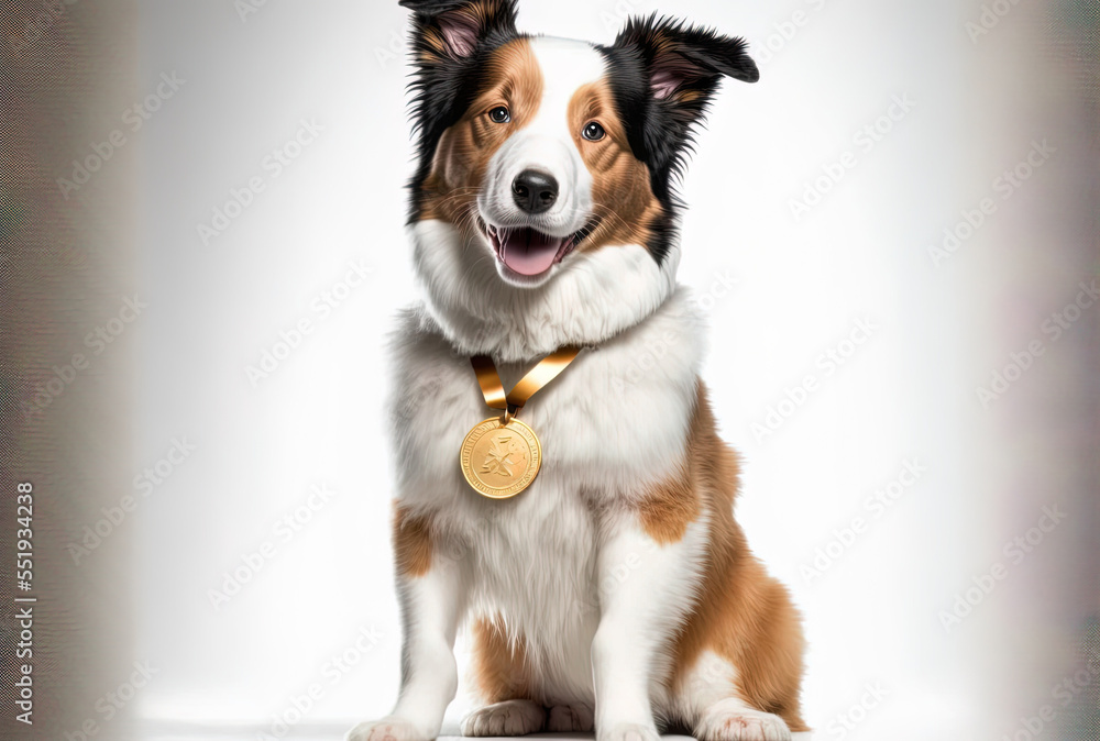 Border collie puppy dog wearing gold trophy medal for champion or ...
