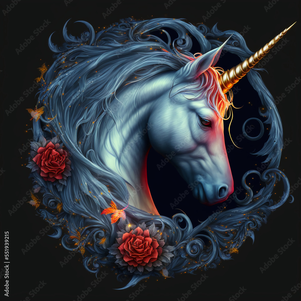 ภาพประกอบสต็อก Magical unicorn with sparkles, red flowers and golden ...