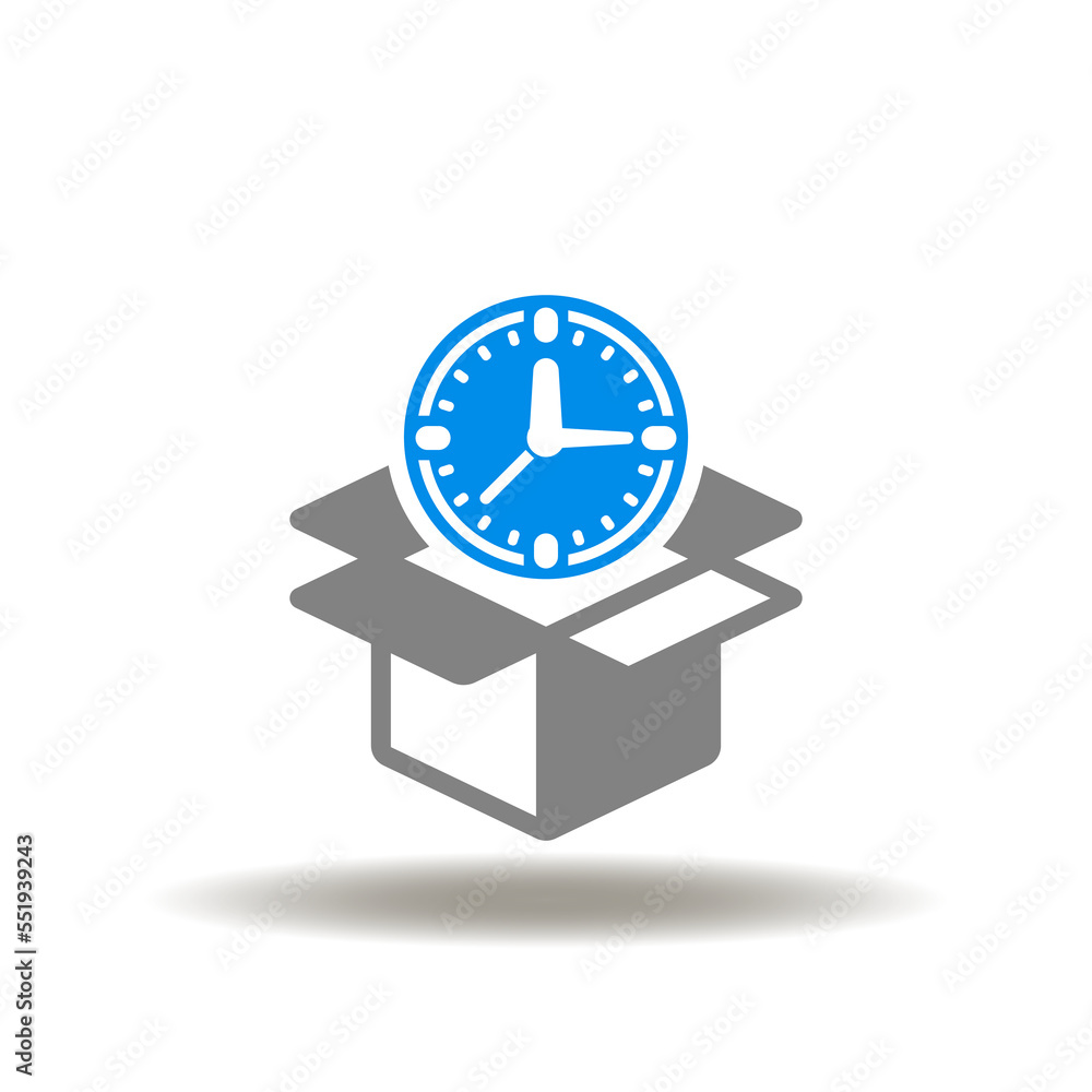 Vector illustration of open box, cardboard with clock. Icon of time box ...