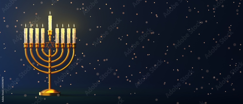 Golden menorah with candles on dark blue background. Hanukkah Jewish ...
