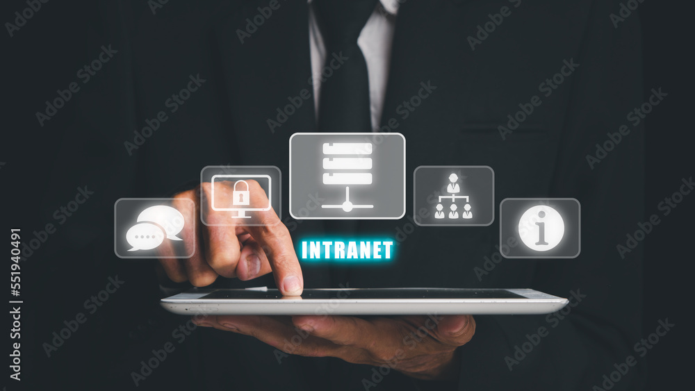 Foto de Intranet concept, Businessman touching on digital tablet with ...