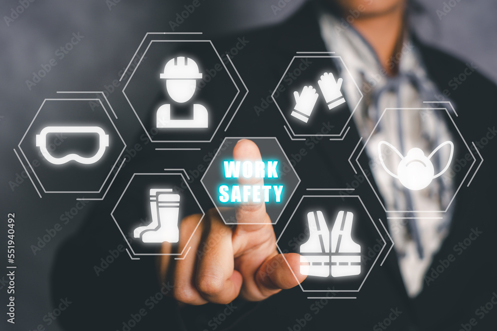 Work safety concept, Person hand holding holographic VR screen work ...