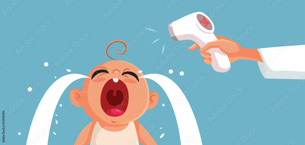 Mom Checking Temperature on Her Crying Little Baby Vector Illustration ...