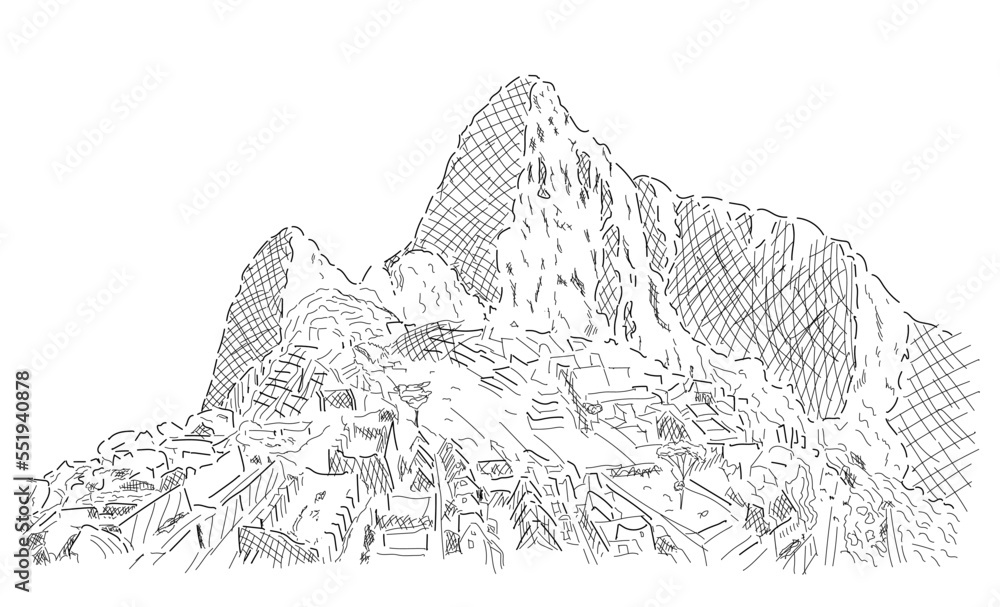 Machu Picchu illustration, lines. One of the 7 wonders of the world ...