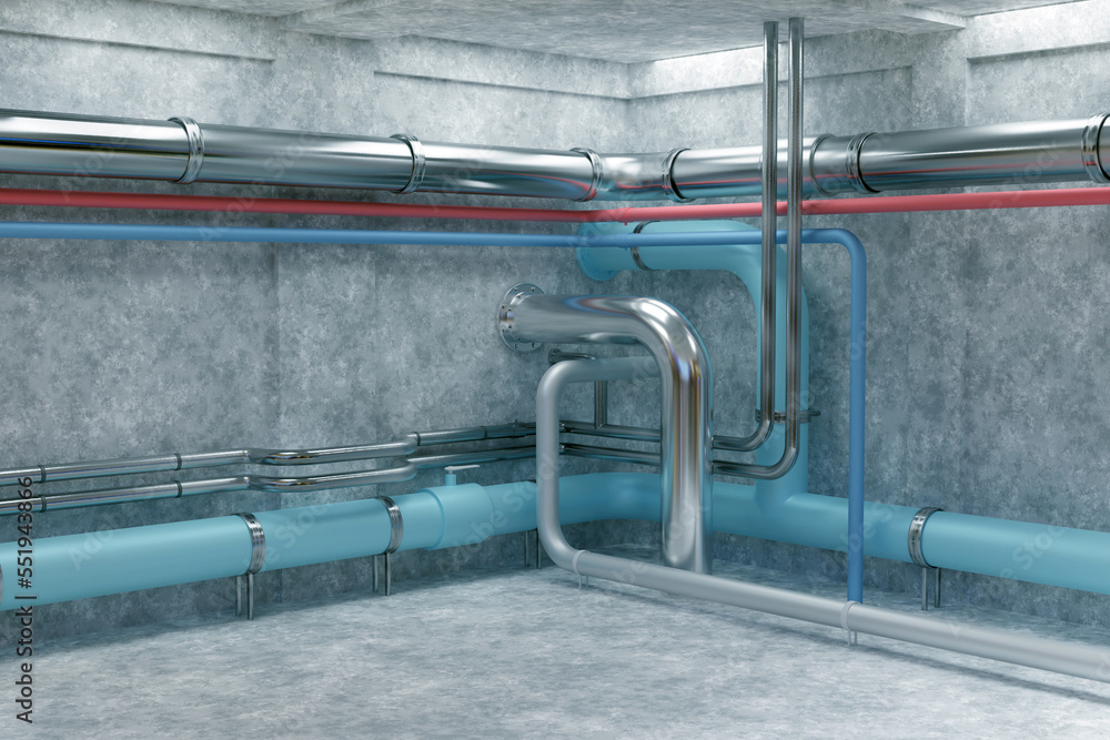 Utility room with pipes. Basement of industrial building. Plumbing near ...