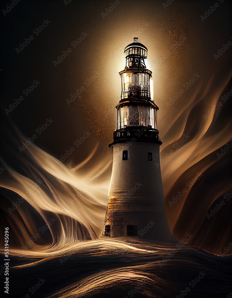 Faro con fondo de arena, ilustración de faro con arena, faro iluminado ...