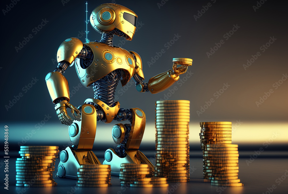 Robotic trading with a graph and a stack of gold coins. Generative AI ...