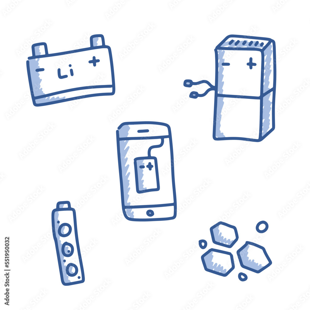 Lithum-ion battery doodle style icon set, device rechargeable batteries ...