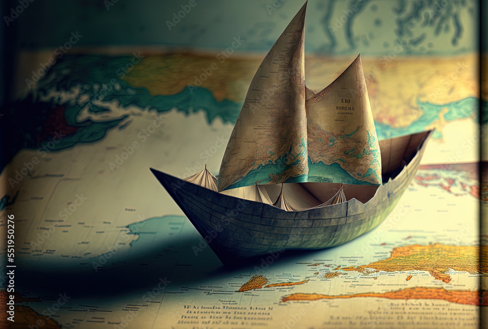 Paper boat with blurry ancient map. Generative AI Stock Illustration ...