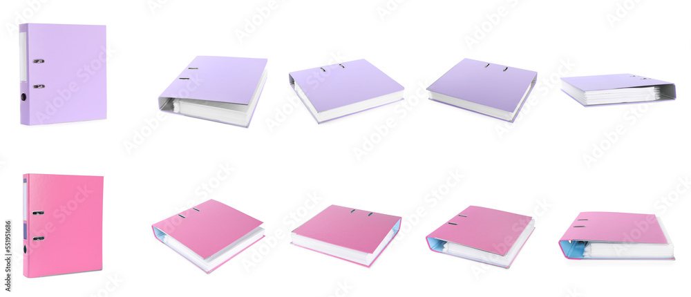 Set with different color office folders on white background. Banner ...