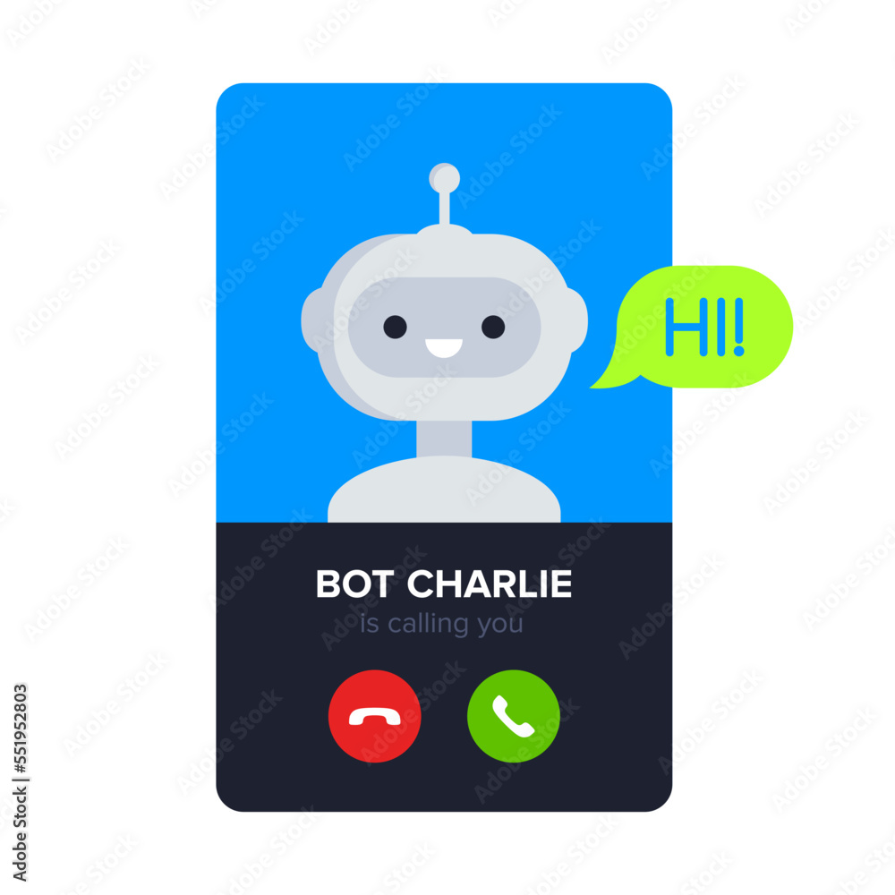 Robot calling to customer. Cute smiling bot say Hi and waits answer to ...