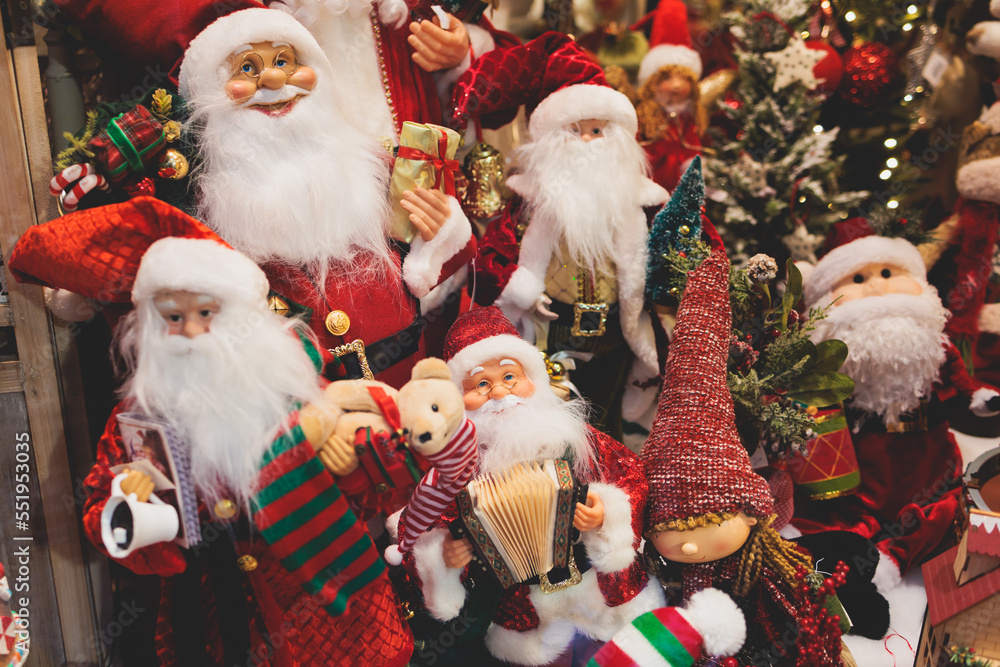 Christmas market details with New Year decorations and multicolored ...