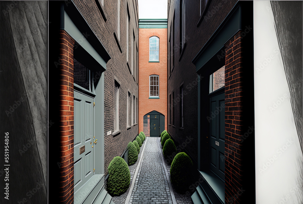 Vertical view of a little passageway between two brick houses and a ...