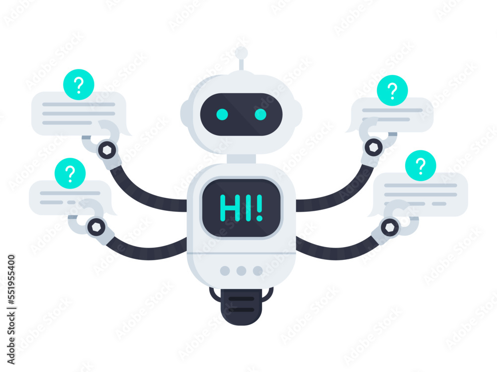 Robot isolated on white. Chat Bot holds speech bubbles. Bot say hi on screen and has one ...