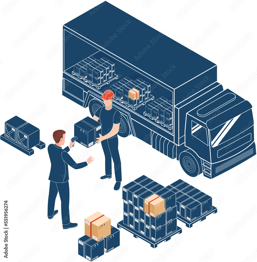 3D isometric Smart logistics concept with worker scanning barcode on ...