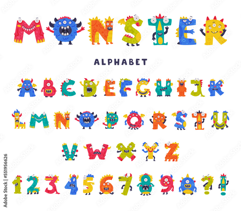 Monster Alphabet with Cute Abc Capital Letters and Numbers Vector Set ...