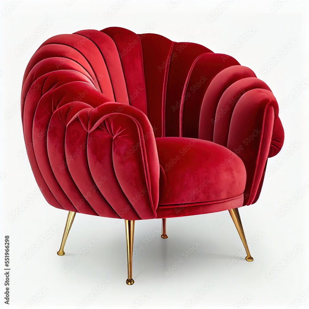 a red chair with gold legs and a curved backrest and a curved backrest ...