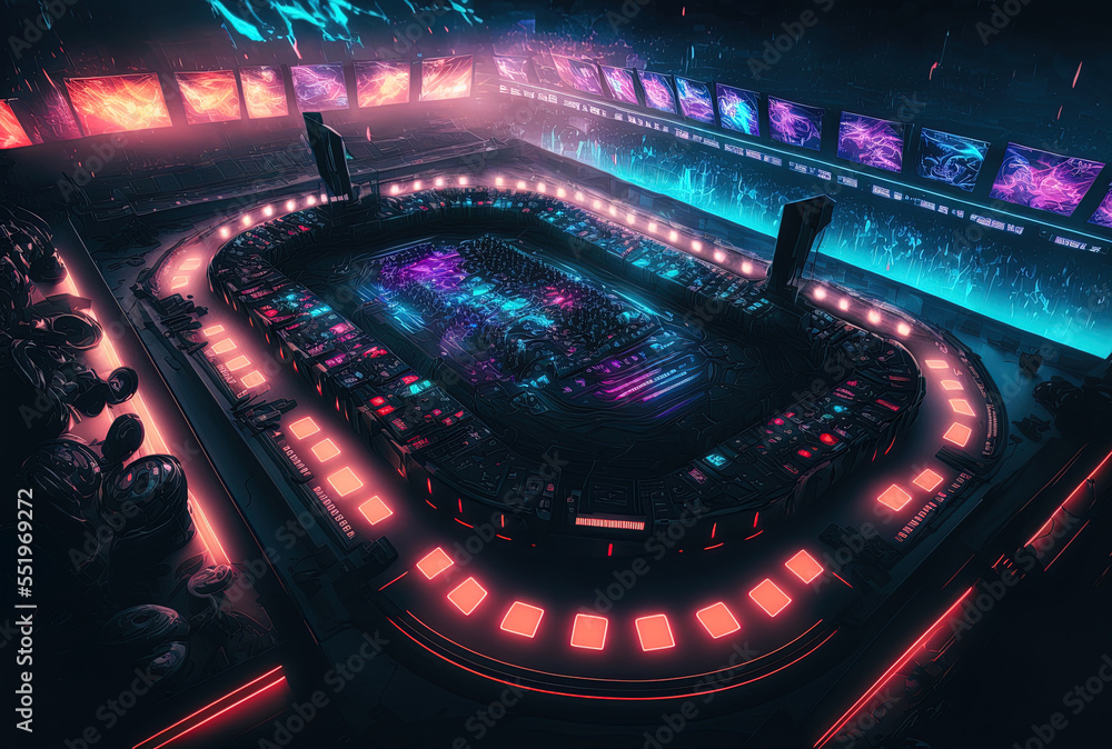 Neon lit e sports arena in the middle of the stadium with a large ...