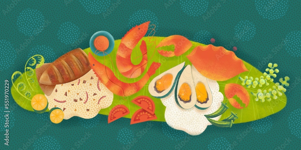 Filipino boodle fight food spread with seafood, rice, seaweed, and ...