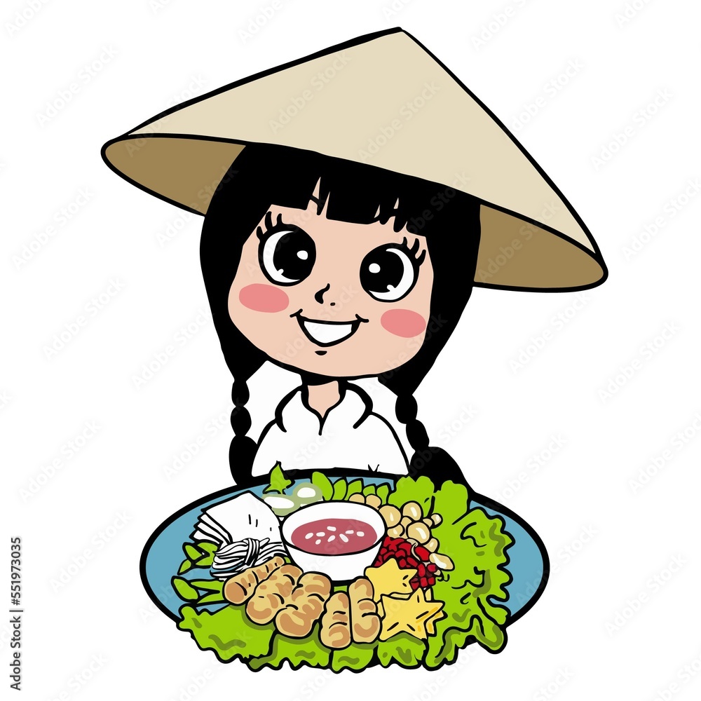 : cartoon girl with delicious vietnamese food Stock Illustration ...