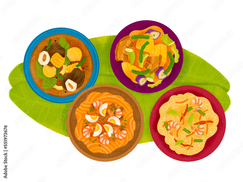 Filipino pansit malabon, pansit bihon, pinaket, and bulalo on banana ...