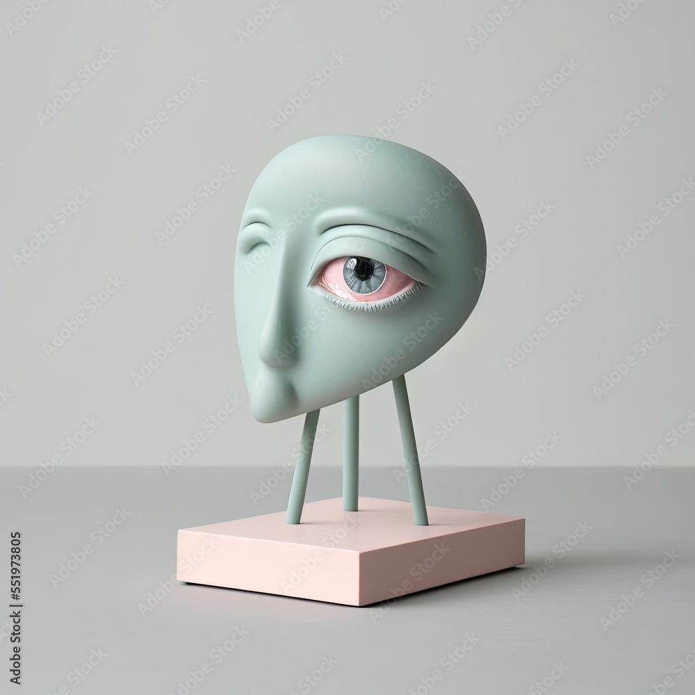 Minimalist head figure on top of a metal stand, made of pale blue stone ...