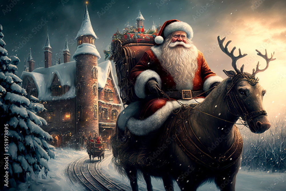 Santa Claus riding on sleigh with gift box . Magic Santa's sleigh ...