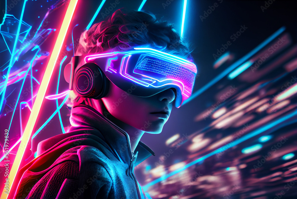 Teenage wearing VR headset on digital neon lights background image ...