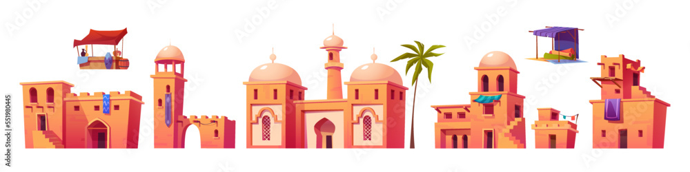 Ancient arab city isolated set, arabic buildings, architecture ...