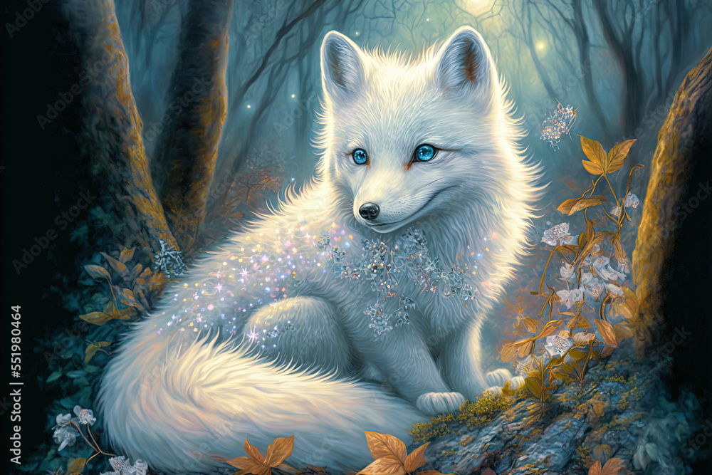 Magic white fox in fairy forest. Spirit of the forest. Digital art ...